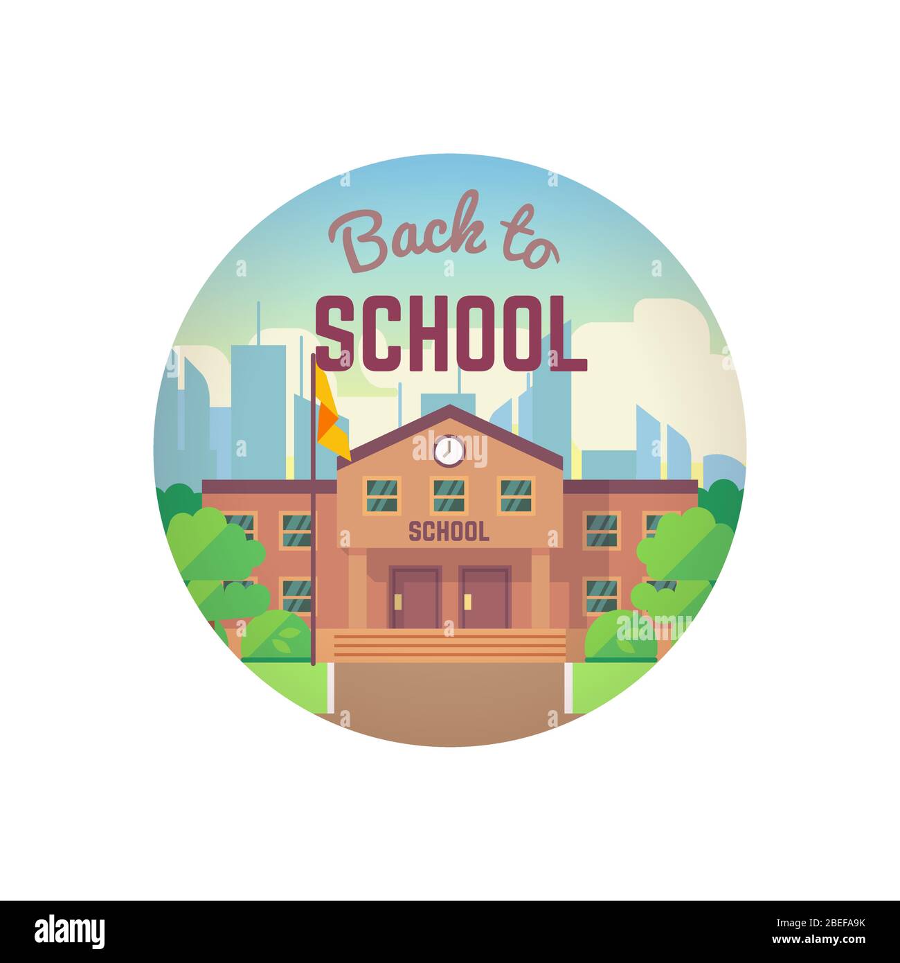 Back to school round concept with city landscape and school building ...