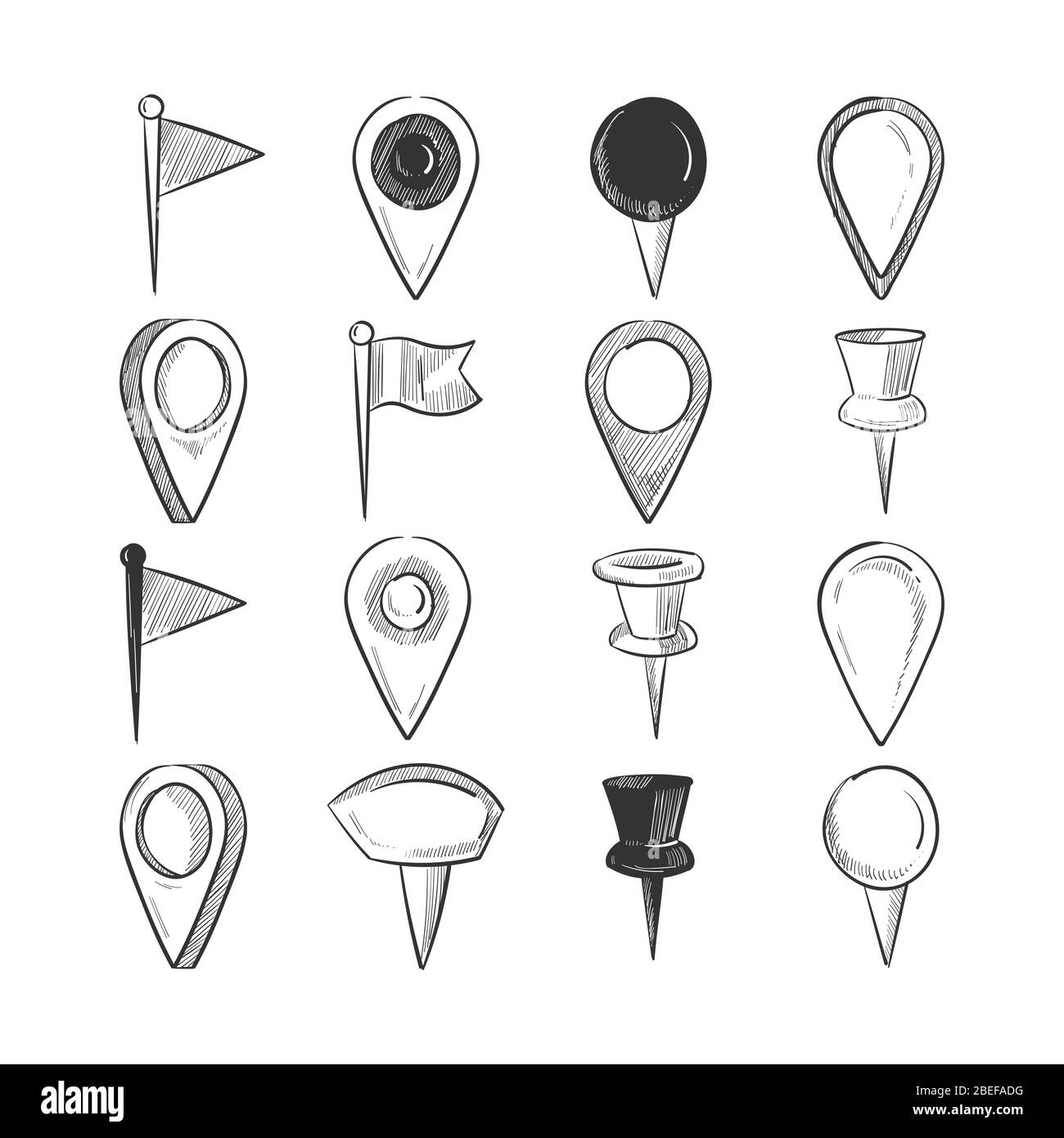 Hand drawn doodle navigation pins set isolated on white background ...