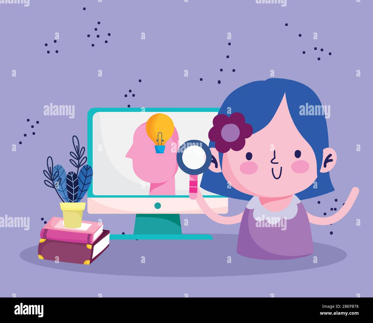 education online, student girl with magnifier computer and books learn ...