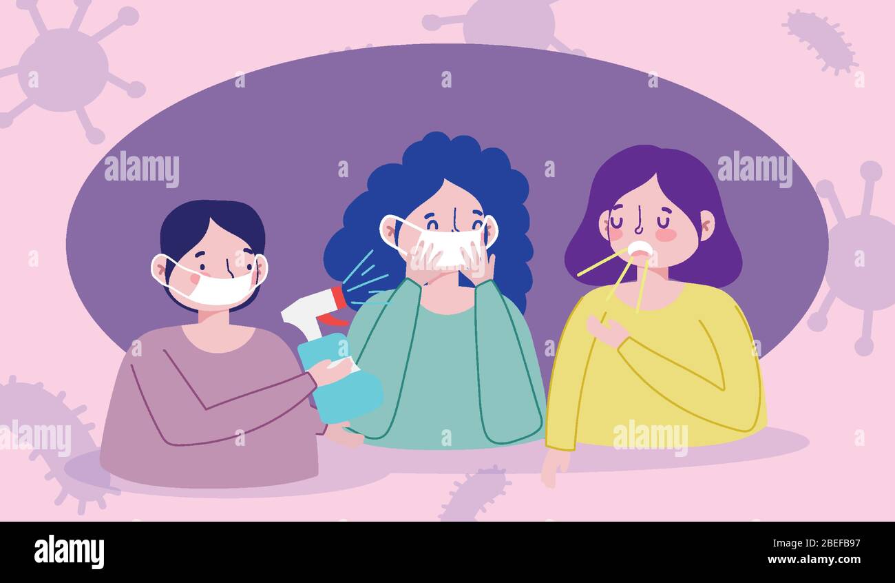 people with medical mask tissue paper and disinfectant product, covid ...
