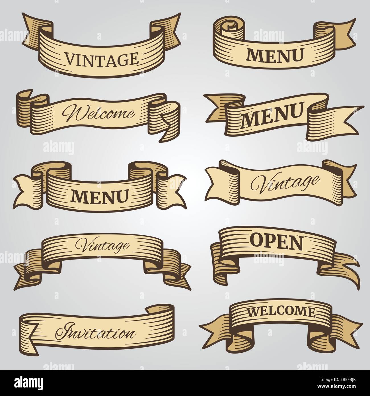 Vintage ribbon banners with engraved shadows vector set. Ribbon flag collection drawing, swirl ...