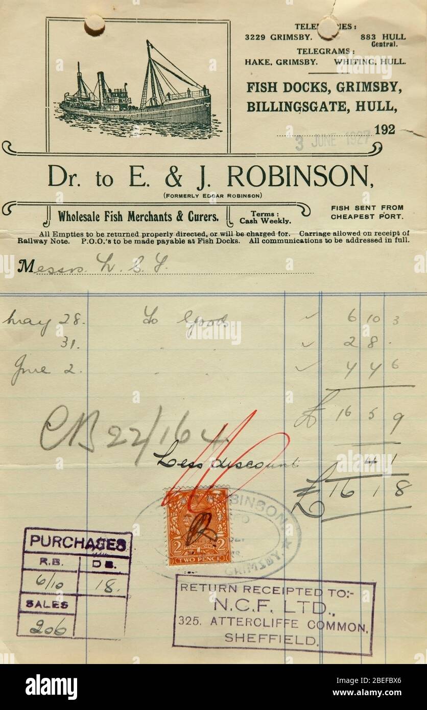 Old invoice from E and J Robinson, fish merchant of Grimsby and Hull ...