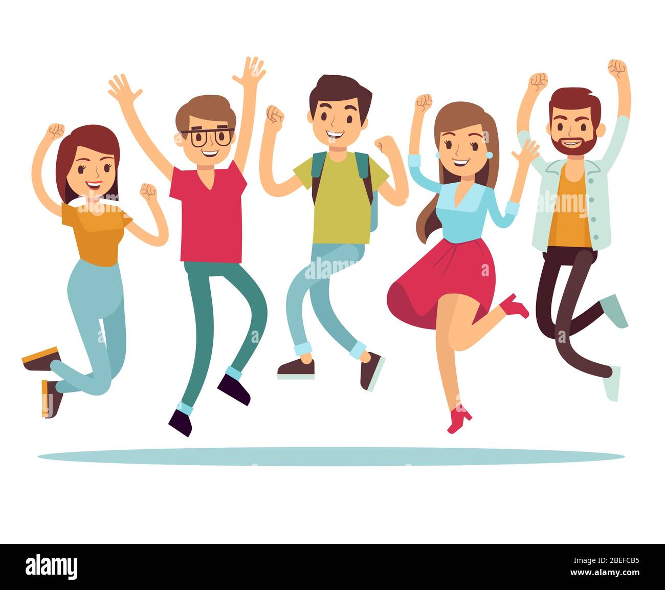 Jumping young happy people in casual clothes. Flat vector characters ...