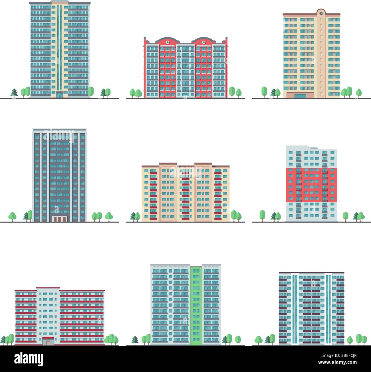 Modern city apartment buildings flat vector set. Building skyscraper ...