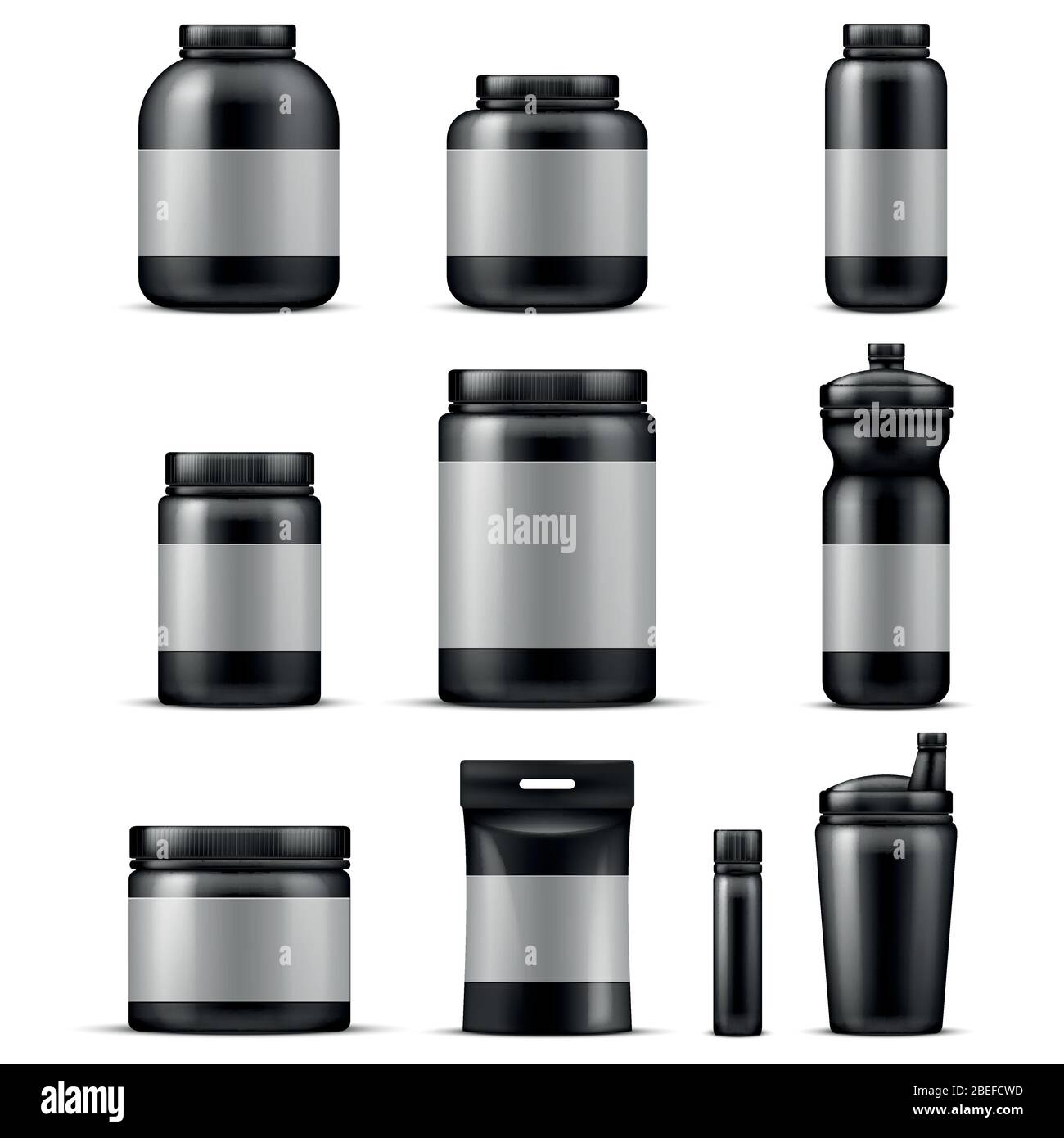 Sport food containers. Protein powder container and plastic drink ...