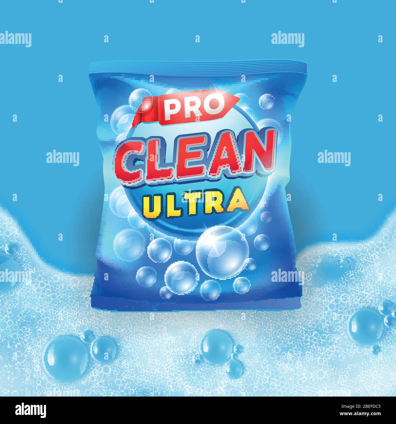 Blue detergent vector design on bag package template with realistic ...