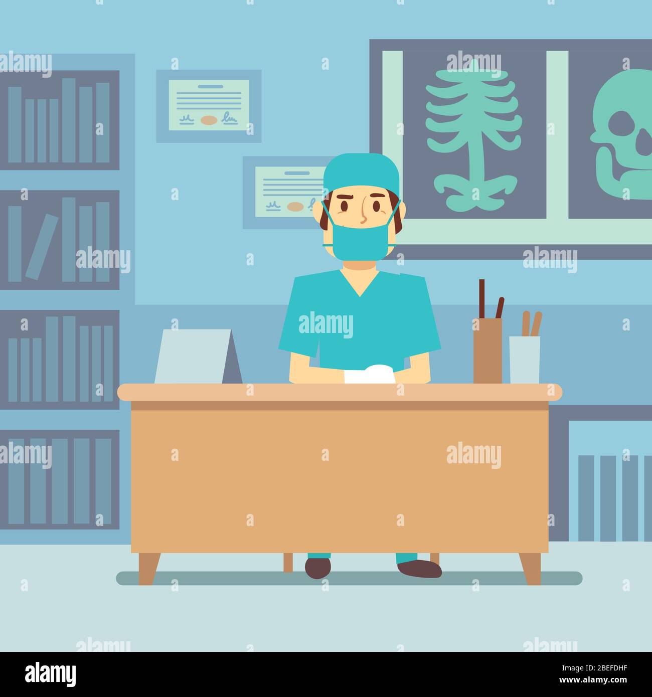 Surgeon doctor sitting at the table in medical vector healthcare ...