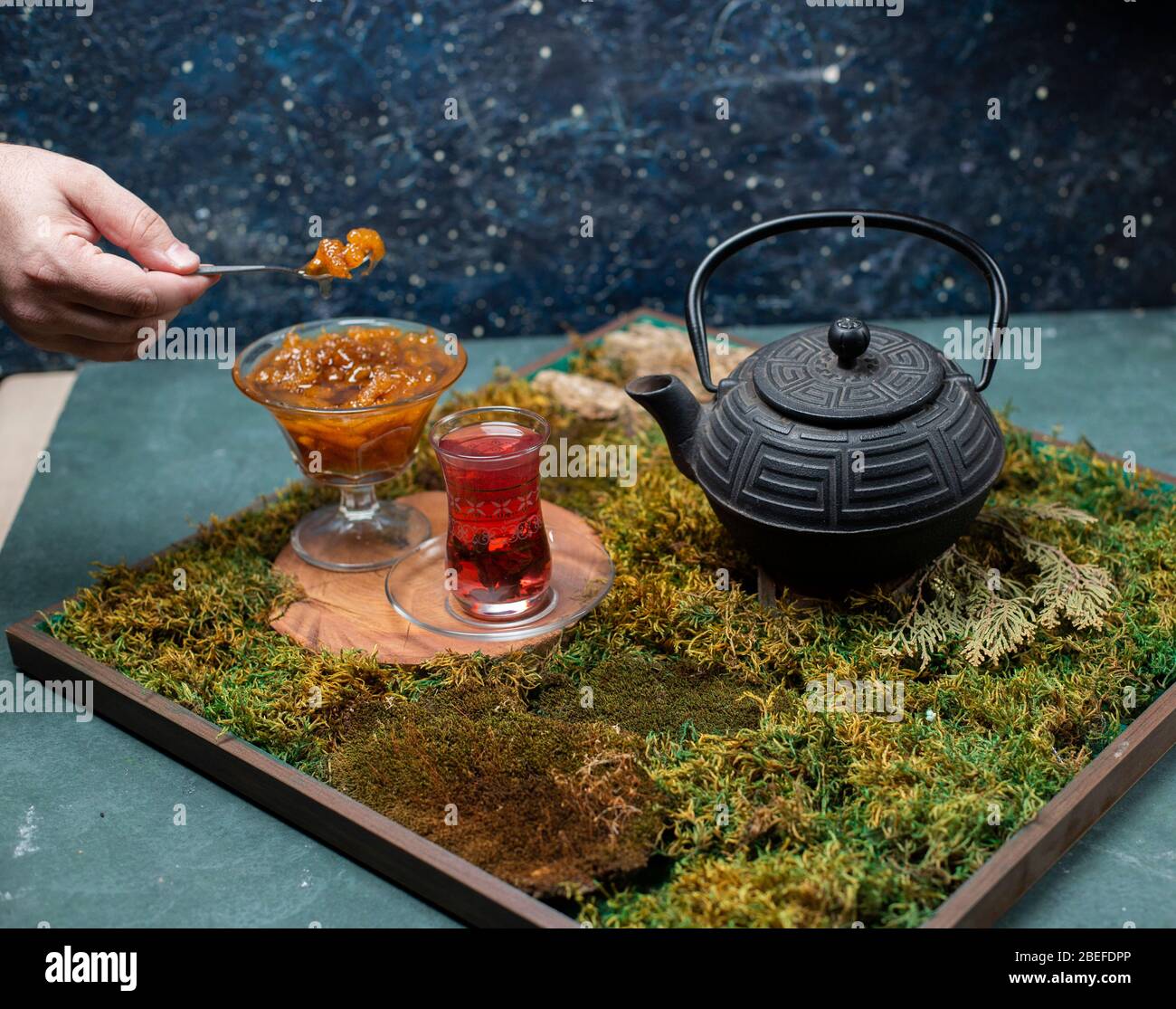 mulberry jam and tea with blue background Stock Photo - Alamy