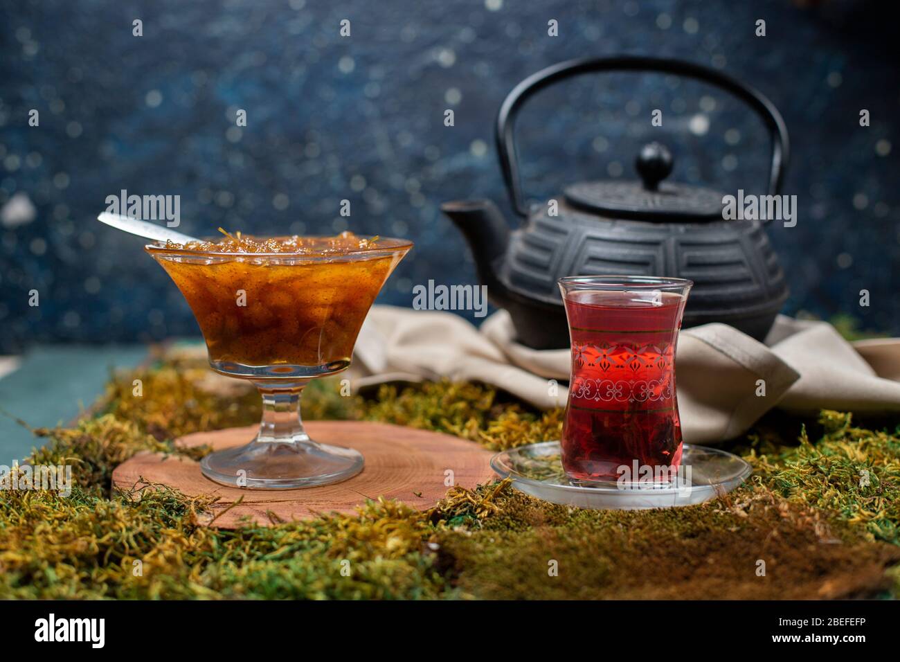 tasty tea set with green background Stock Photo - Alamy