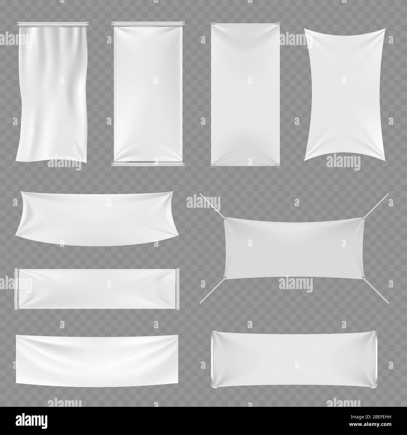 White blank textile advertising banners with folds isolated on ...