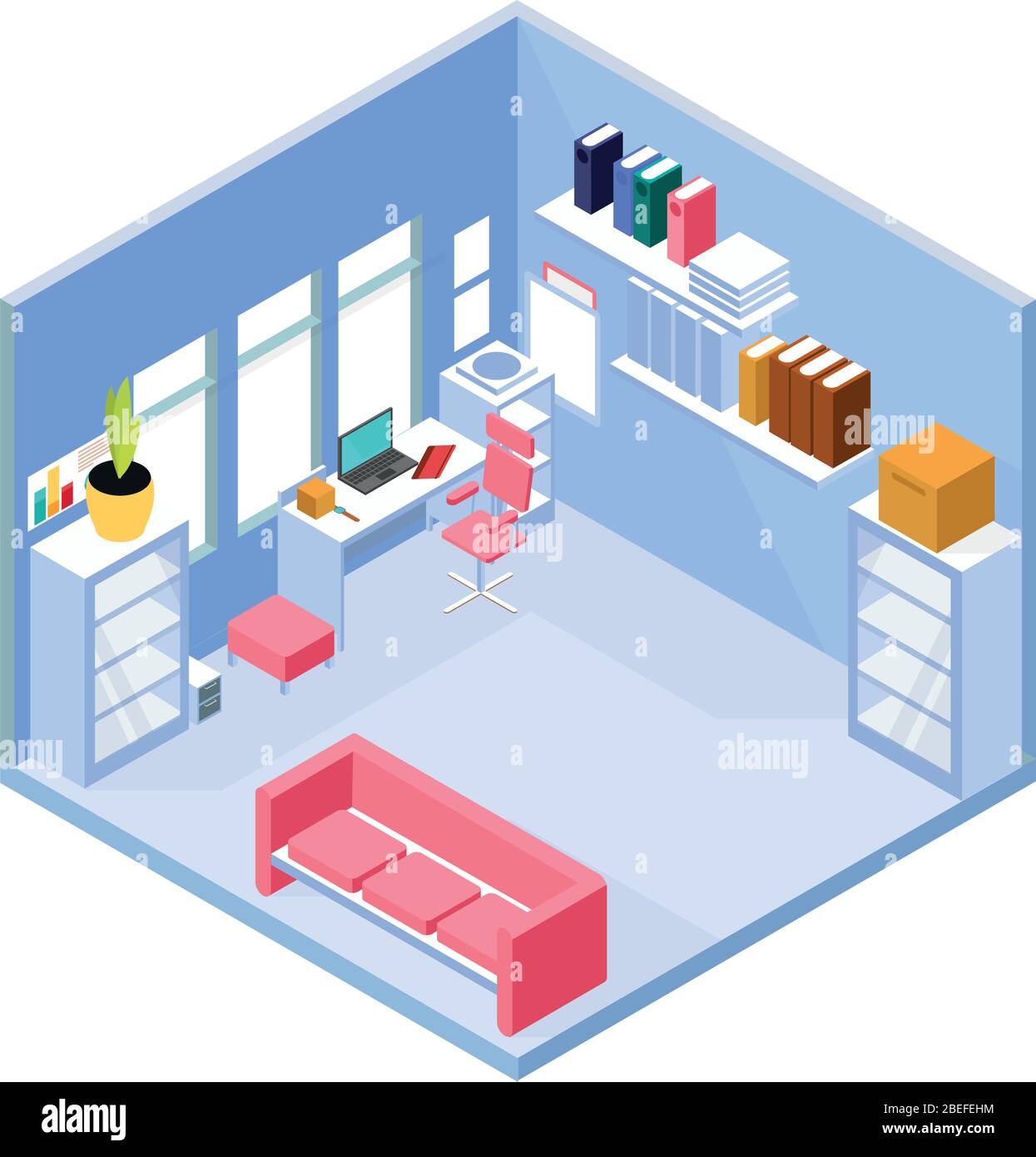 Isometric home office interior. 3d workspace with computer and ...