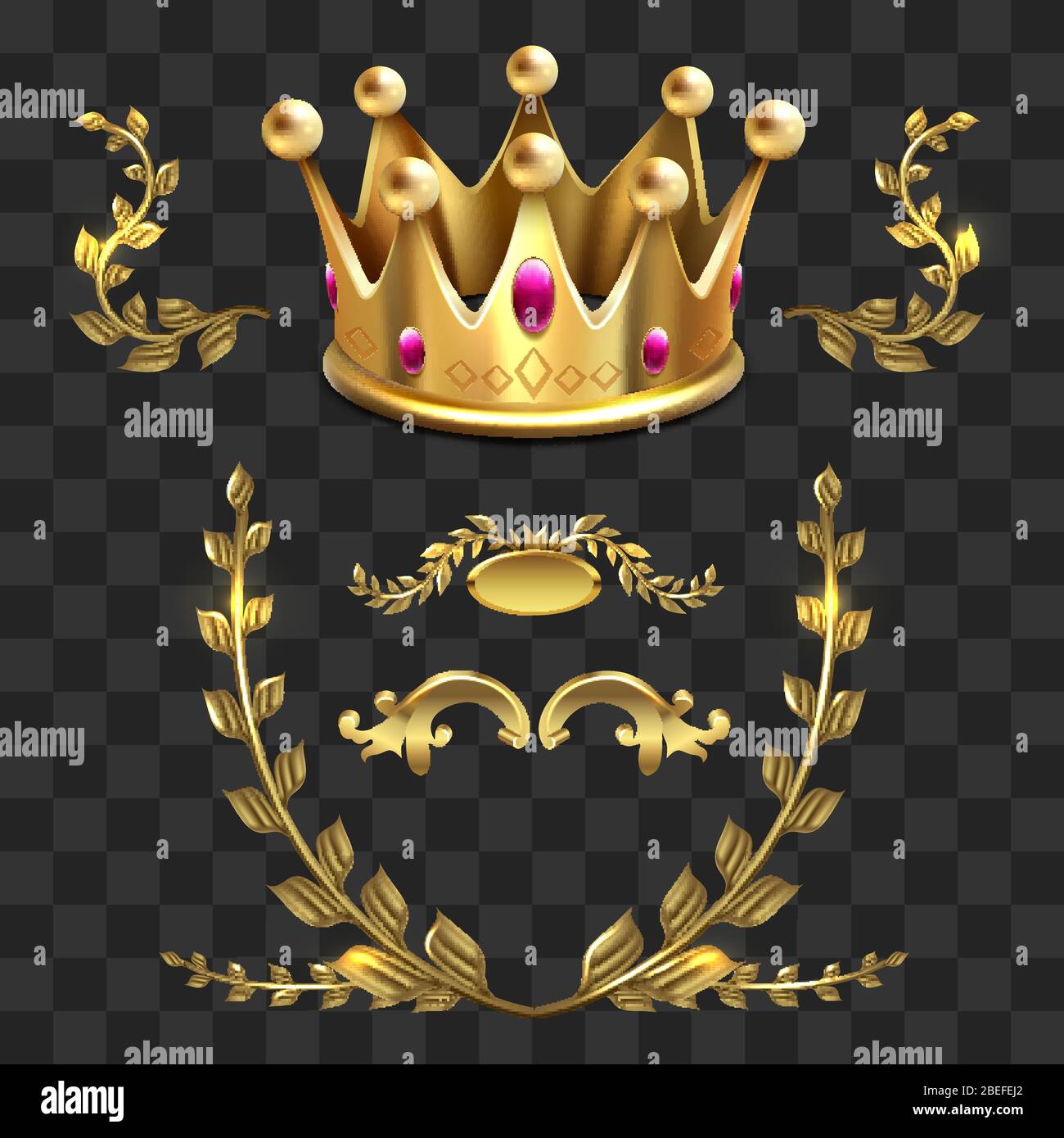 Golden vector heraldic elements. Kings crown, laurel wreath isolated on ...
