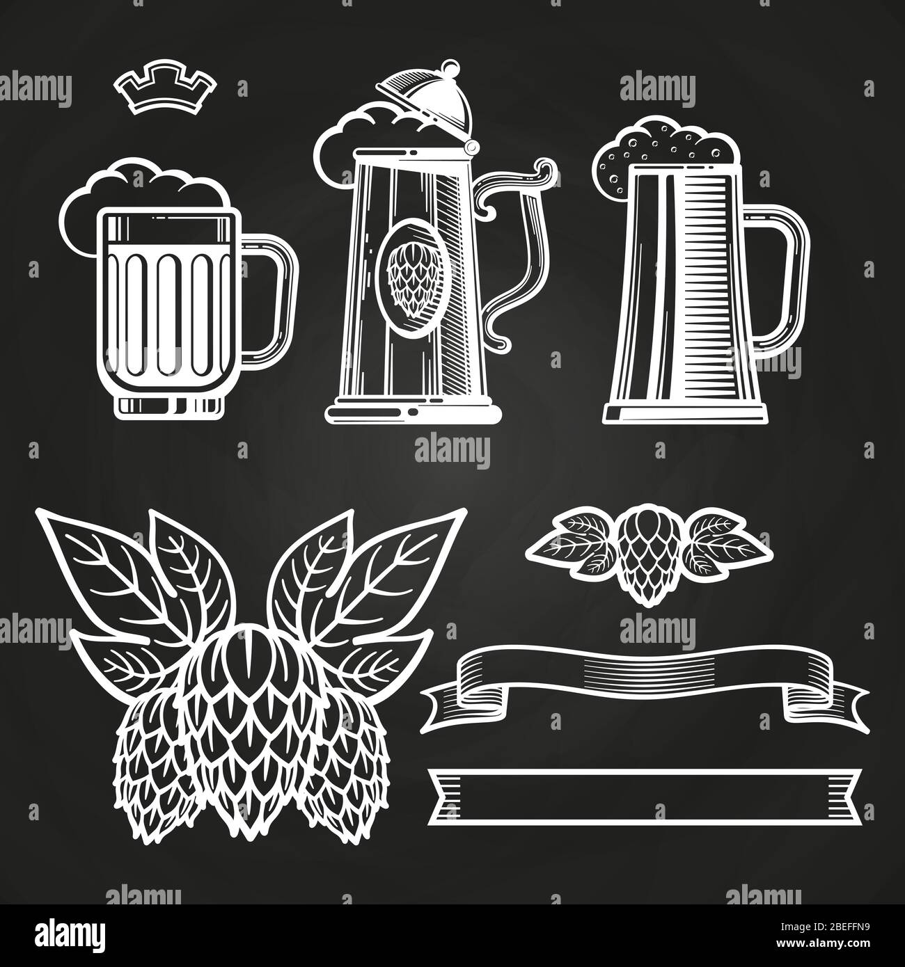 Vintage elements for labels - glass of beer ribbon hops on chalkboard ...