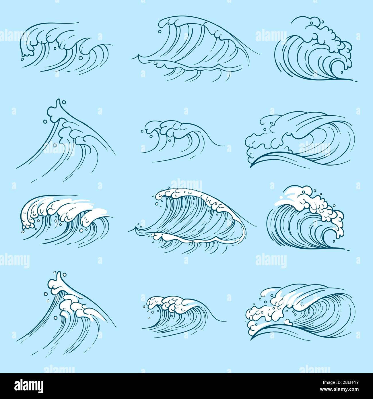 Sketch ocean waves. Hand drawn sea storm wave isolated. Vector ...