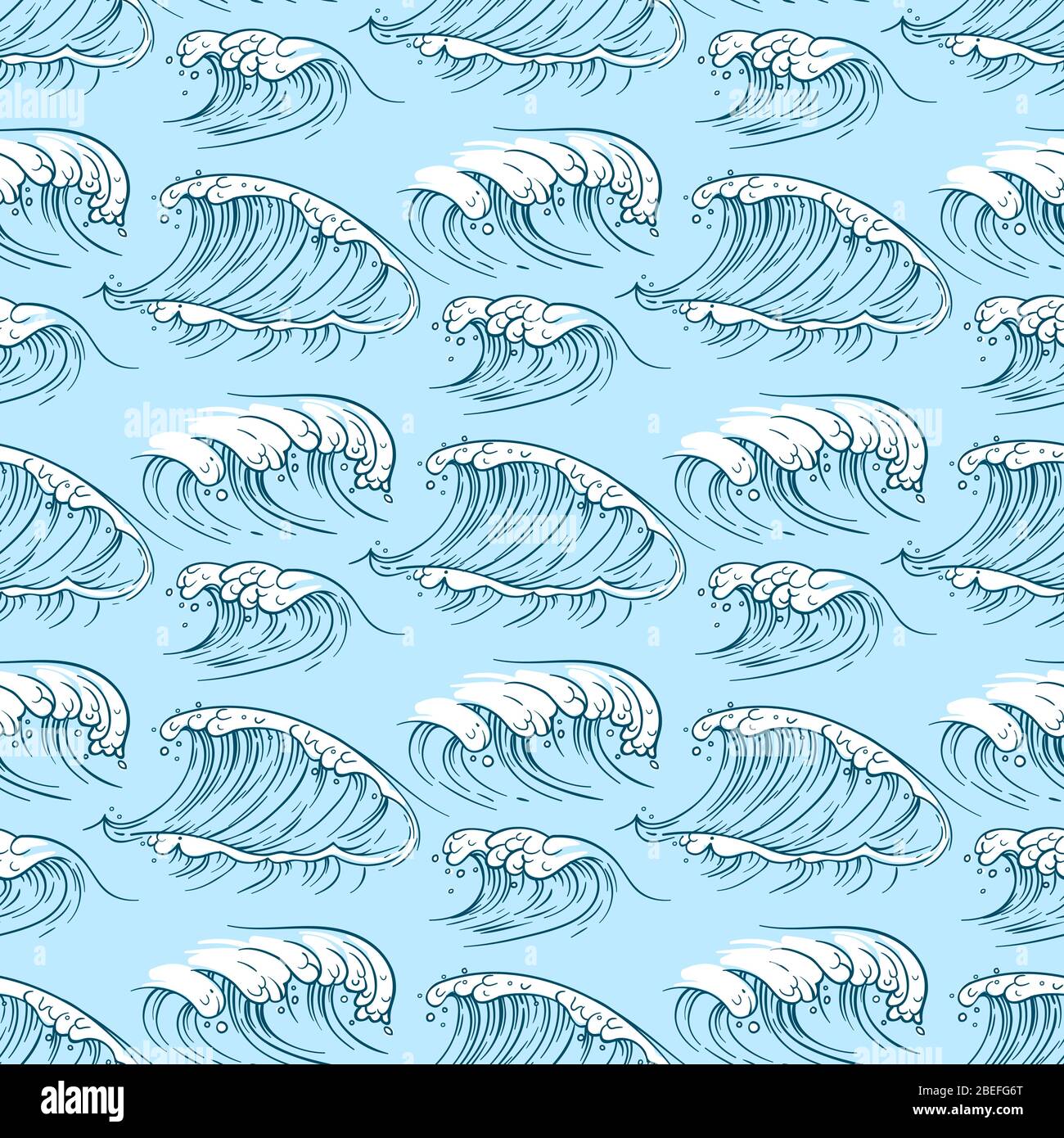 Hand drawn ocean waves seamless pattern background flat. Vector ...