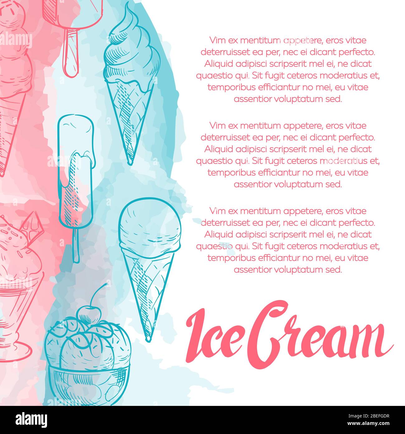 Dessert poster with hand drawn ice cream and watercolor effect. Vector ...