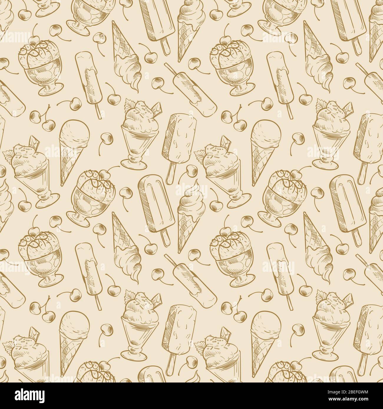 Vintage dessert pattern - sketch ice cream and cherries seamless ...