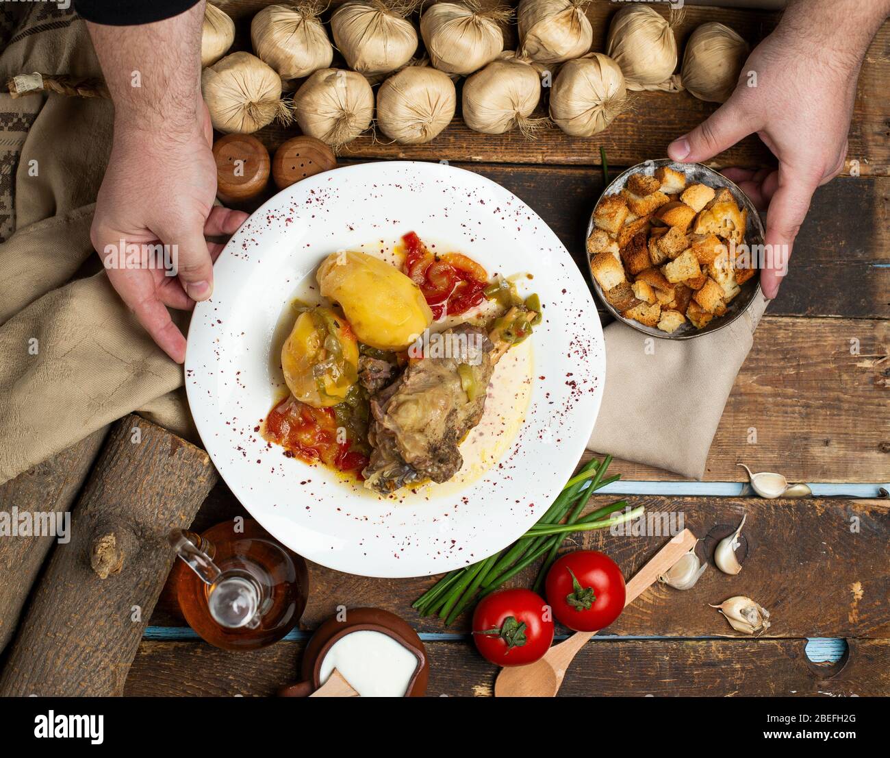 delicious meat and potato meal with background Stock Photo - Alamy