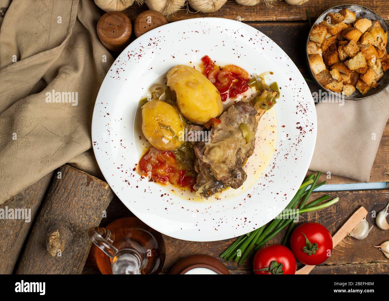 delicious meat and potato meal on dark background Stock Photo - Alamy