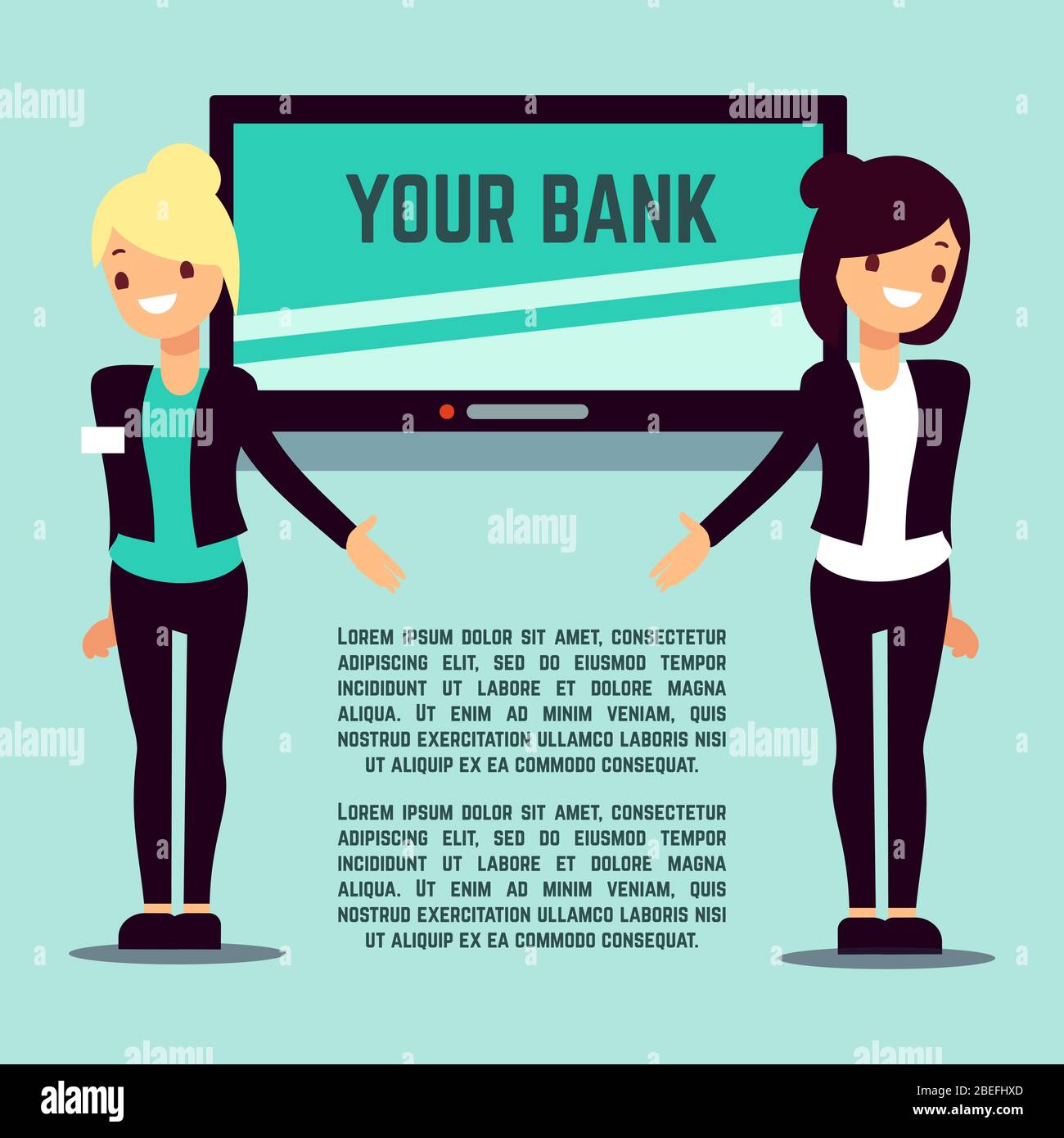Welcome bank info page with flat girls and screen. Vector illustration ...