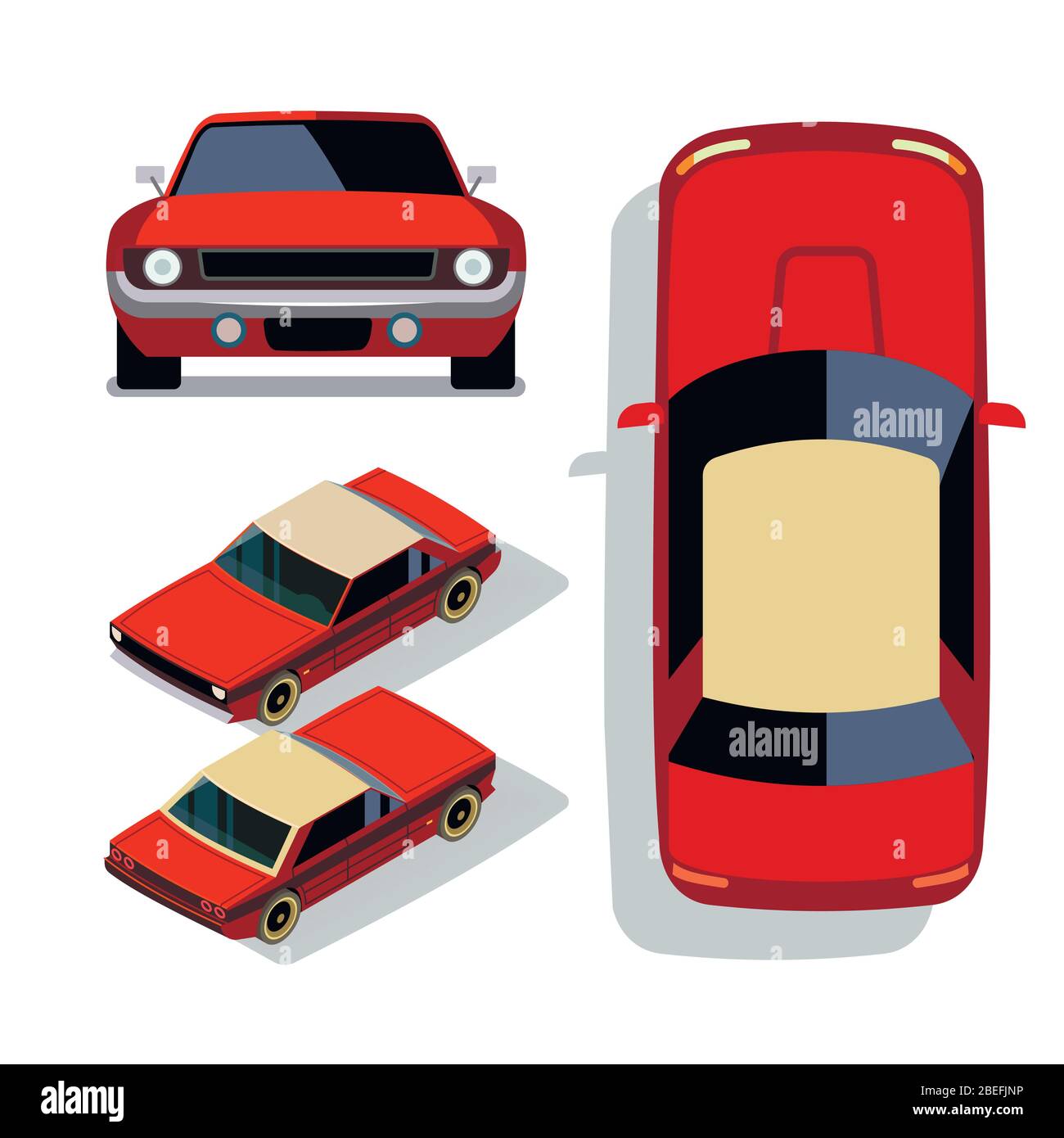 Vector flat-style cars in different views. Red muscle car sedan ...