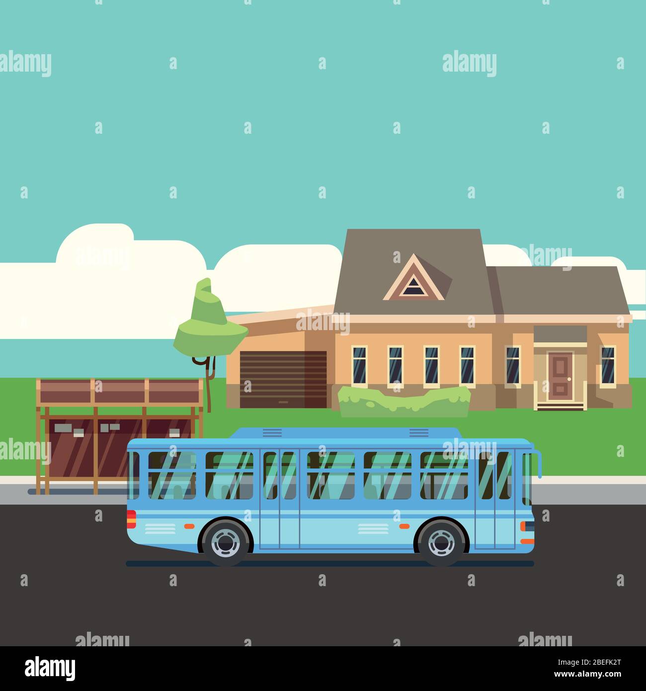 Residential house with bus stop and blue bus. Flat vector illustraion ...