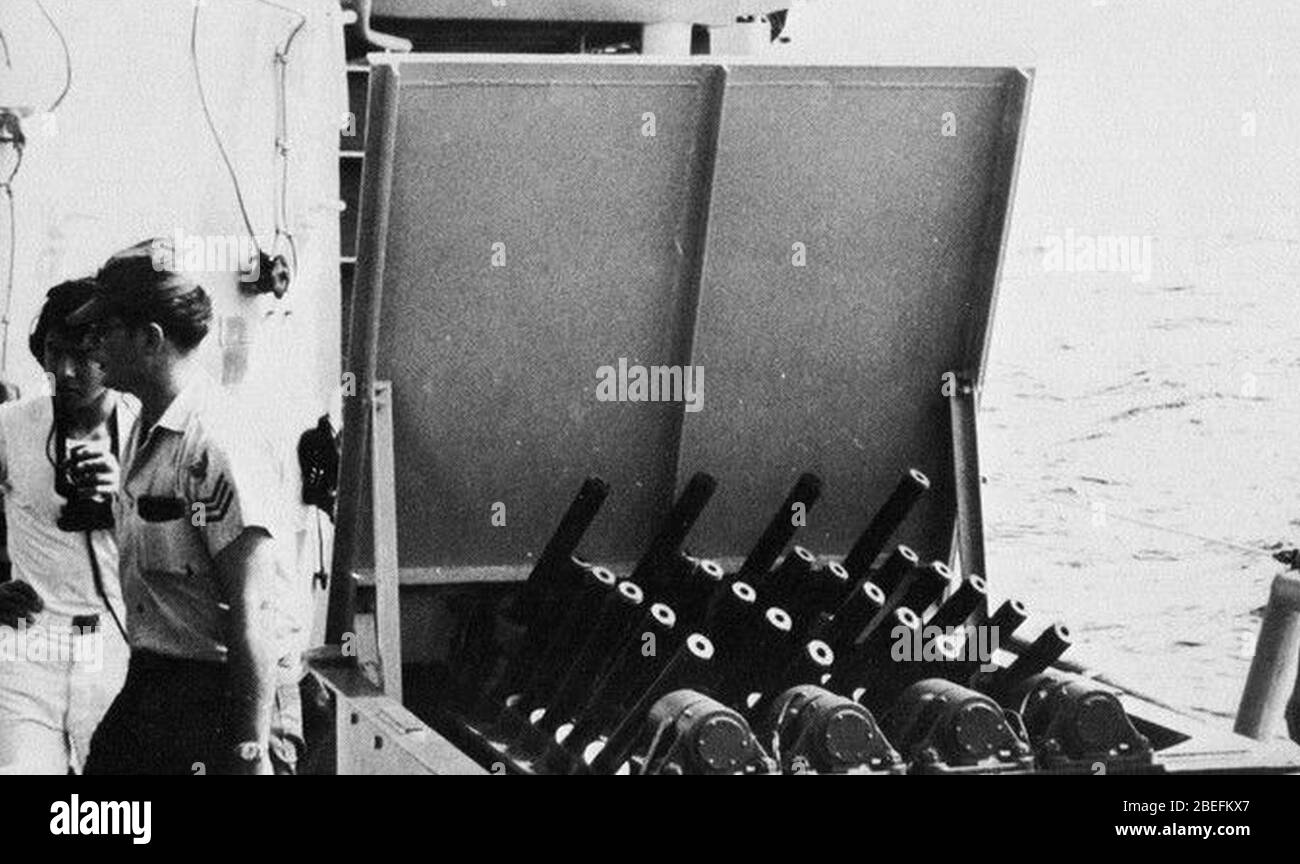 Hedgehog ASW mortar on USS Wallace L. Lind (DD-703) circa in 1970 Stock ...