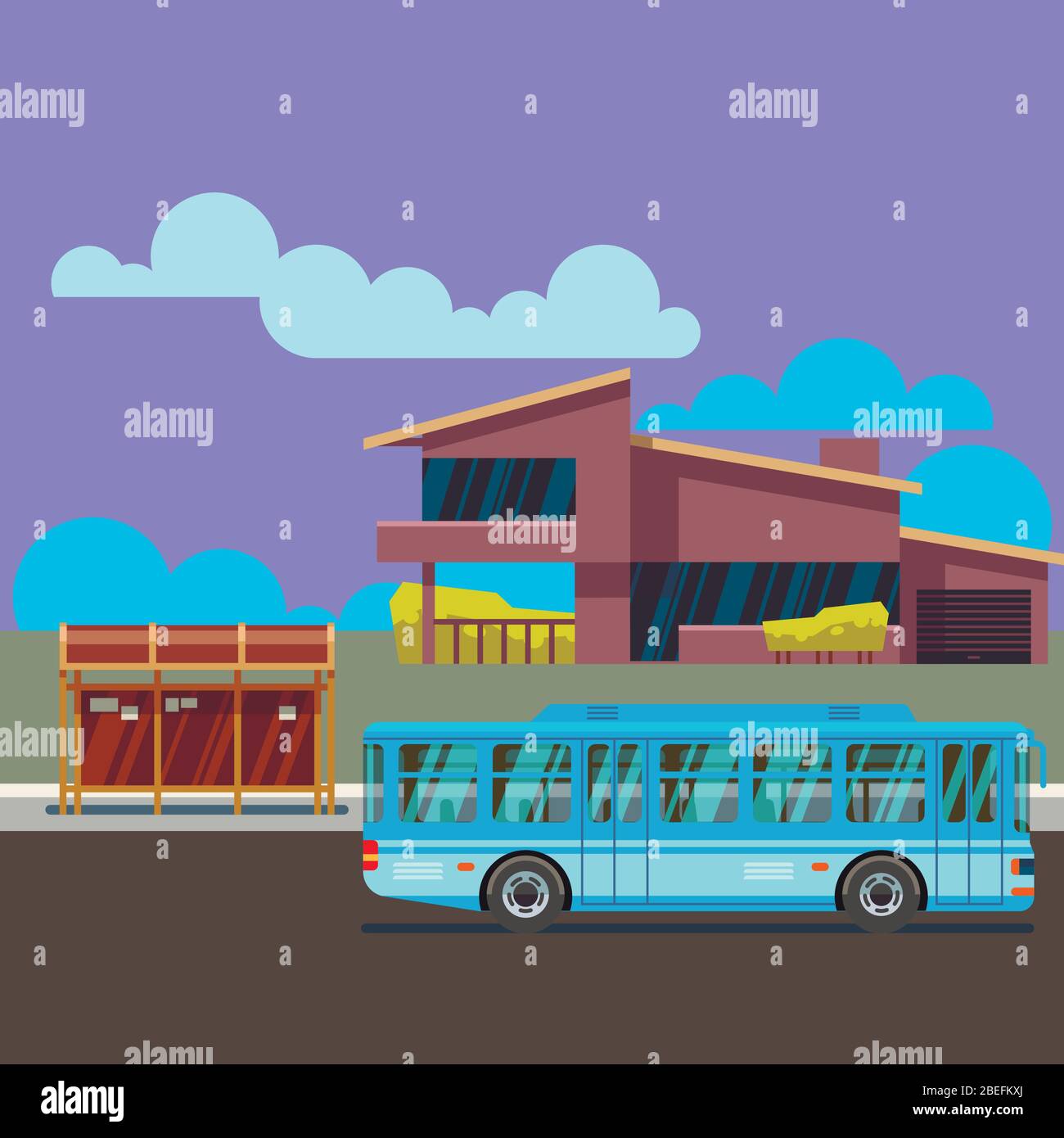 Residential modern house with bus stop and bus. Flat vector illustraion ...