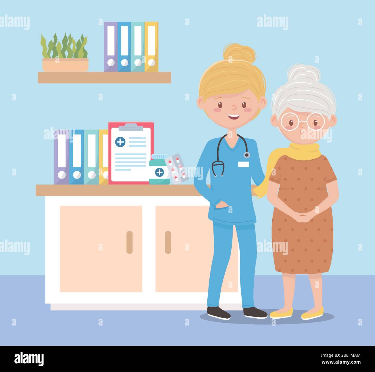 nurse and grandmother in consultation room, doctors and elderly people ...