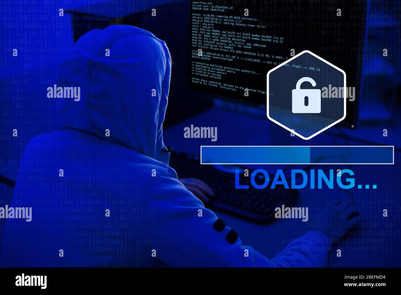 Loading information, screen with code. Hacker in sweatshirt Stock Photo ...