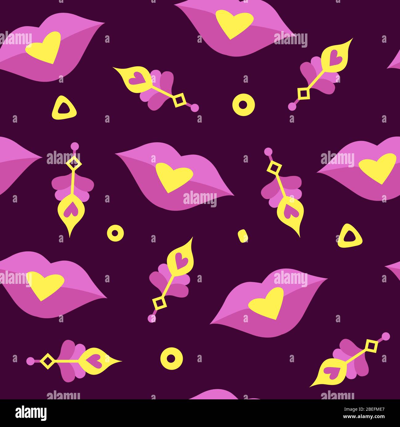 Vector bright seamless pattern with lips and arrows on the dark ...