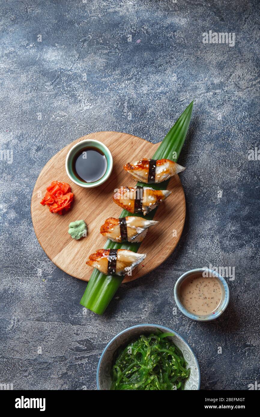 Sushi set on wooden table. Japonese food. top view Stock Photo - Alamy