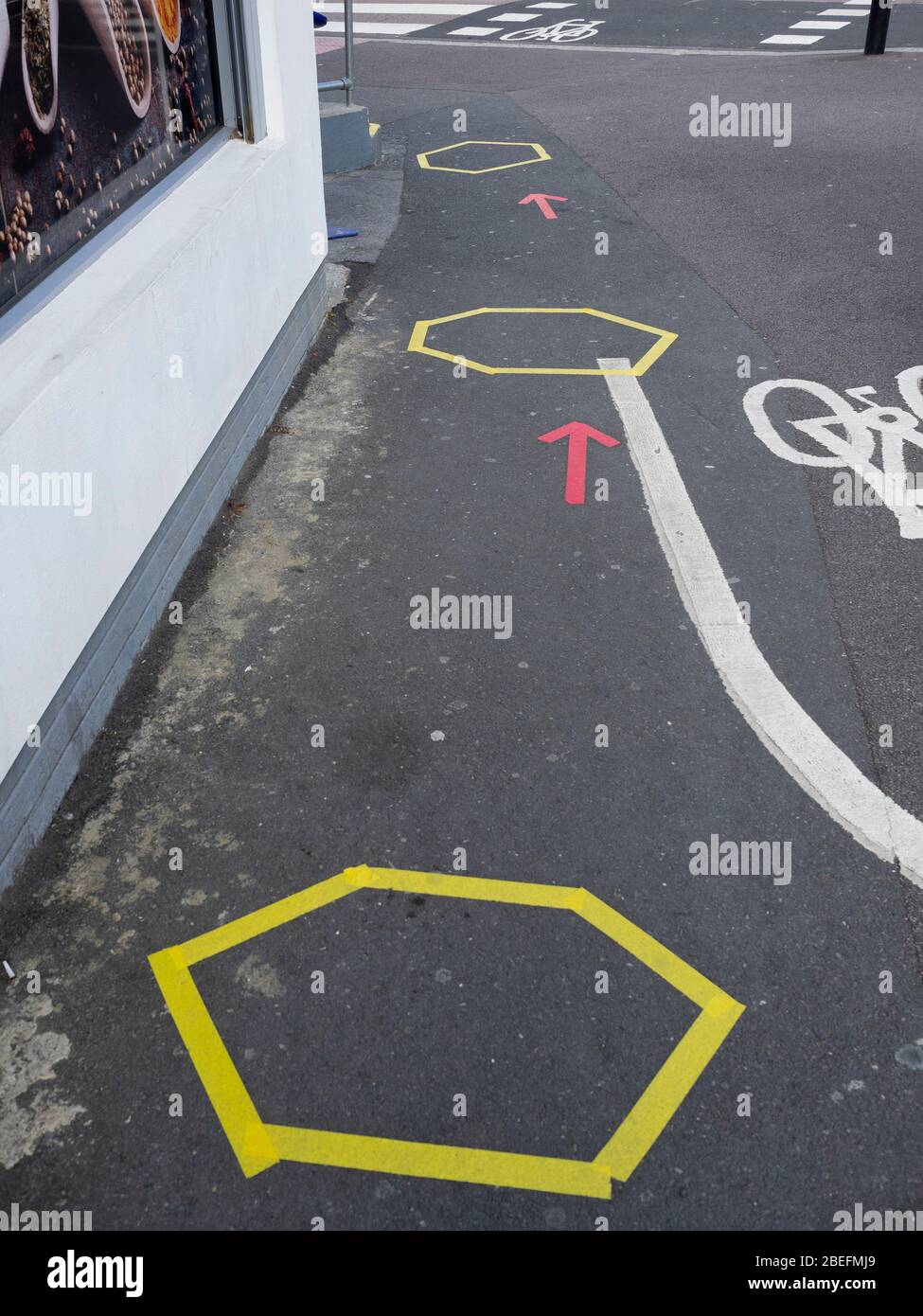 London. UK. April the 8th, 2020. Top view of Queue signs on the ...