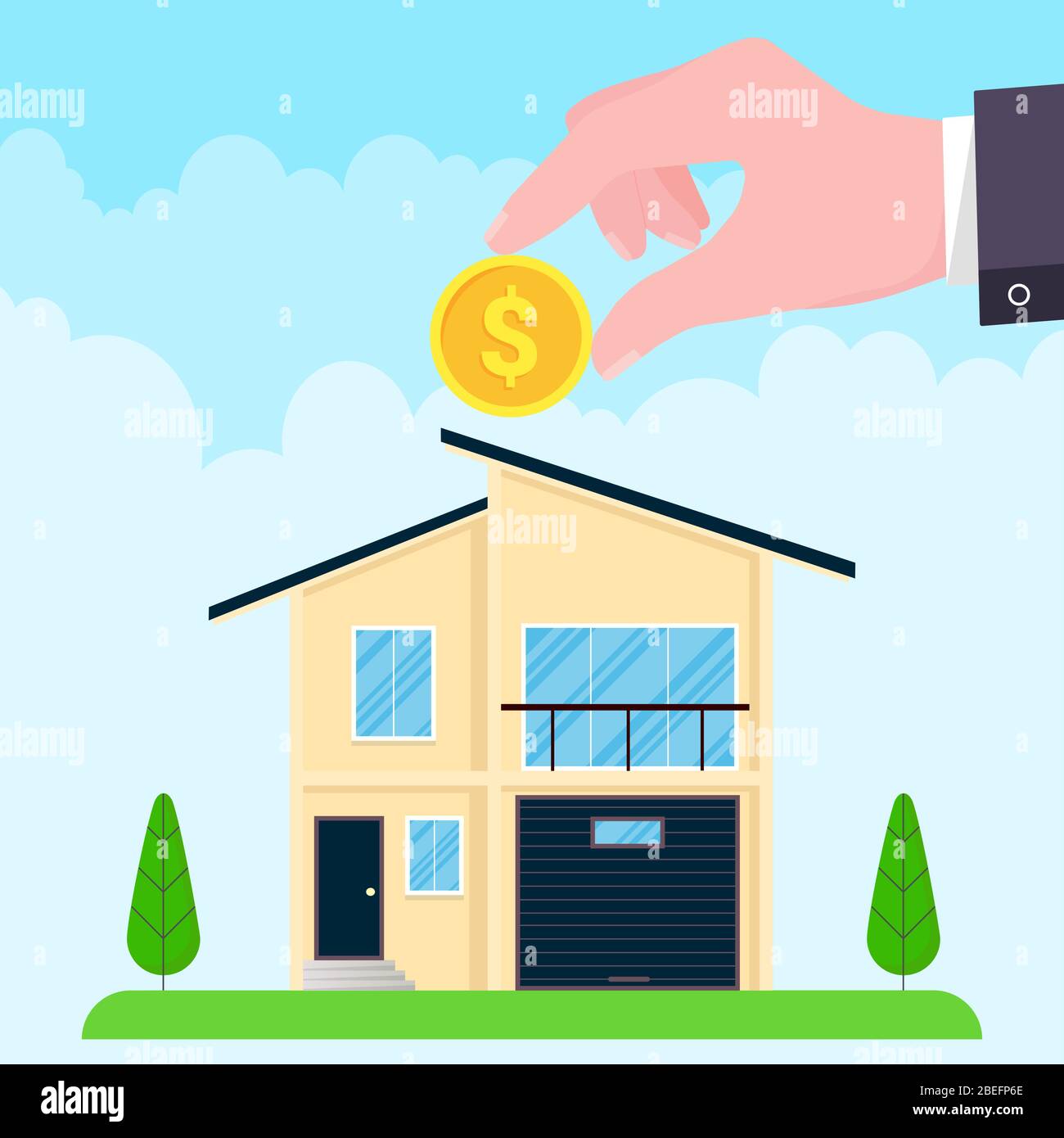 Hand puts coin in the house flat style design vector illustration Stock ...