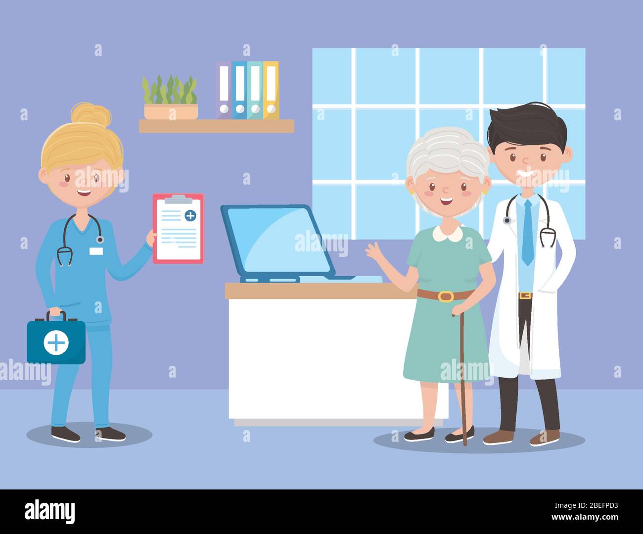 physician nurse and grandma with medical report, doctors and elderly ...