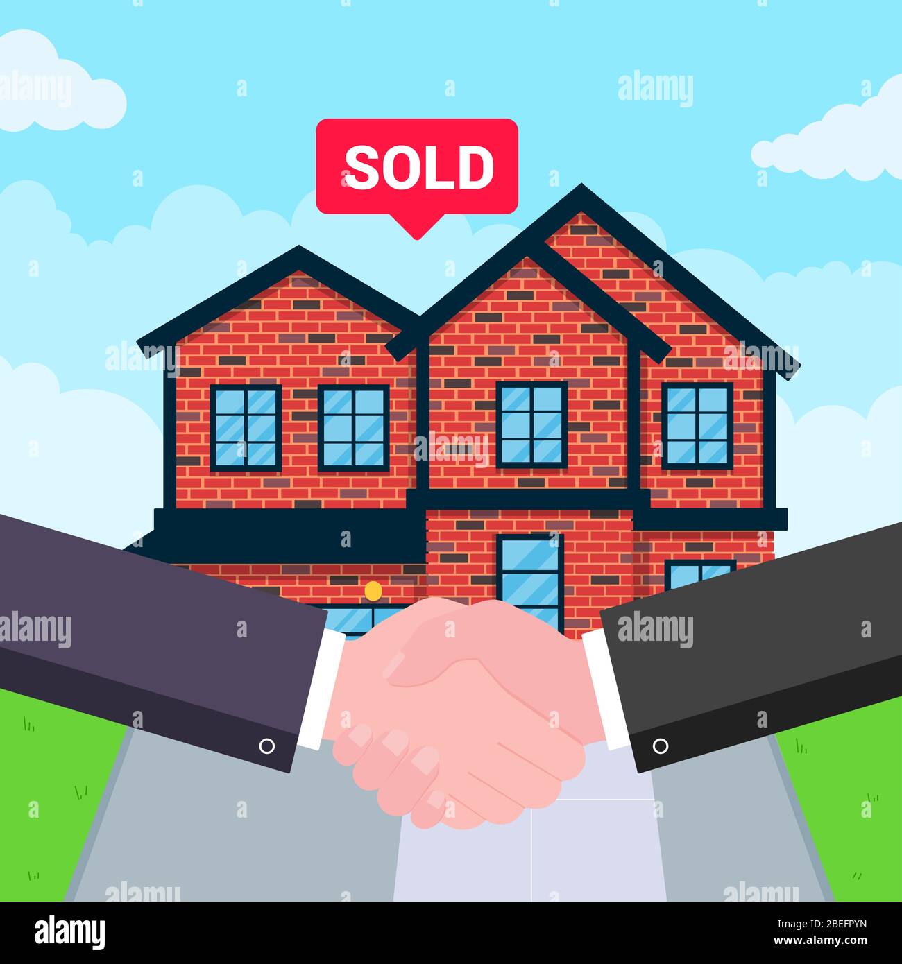 Buying new house on sale. Two hands shaking, big deal agreement flat ...