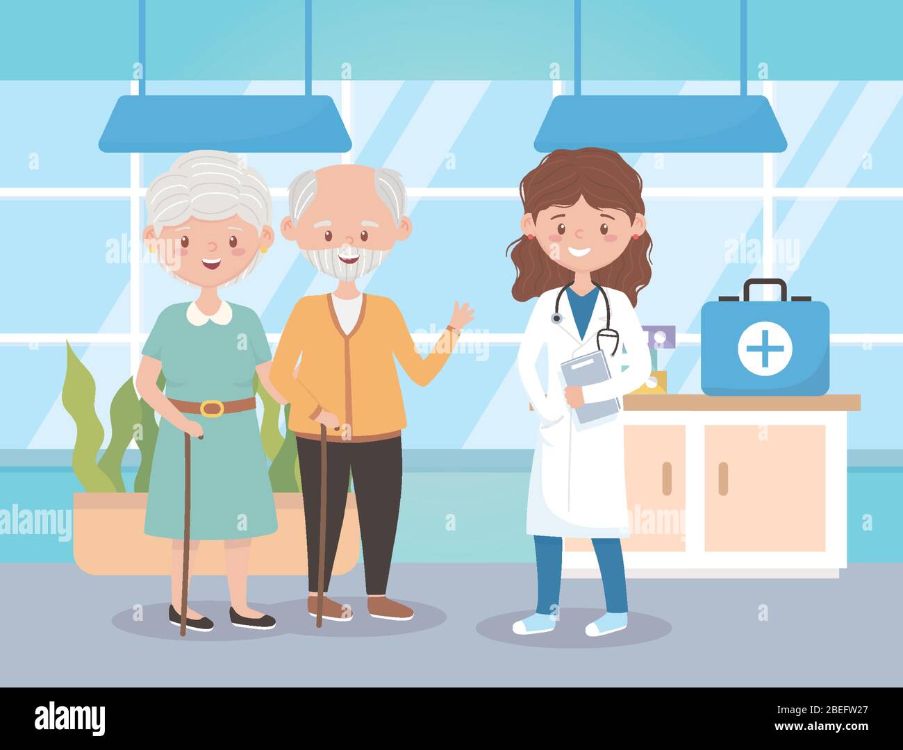 female physician and grandparents in hosptial, doctors and elderly ...
