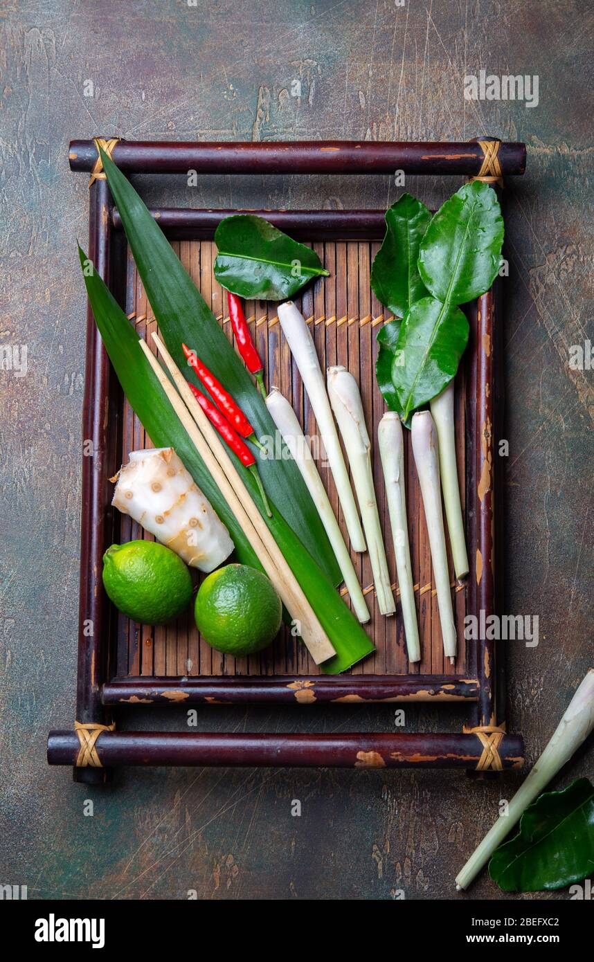 Thai herbs and spices for thai cuisine on autentic thai tray, top view ...