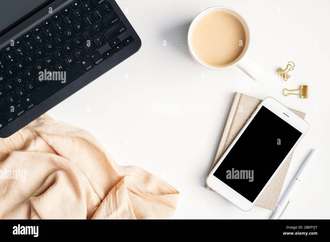 Flat lay home office desk. Women workspace with laptop, plaid, cup of ...