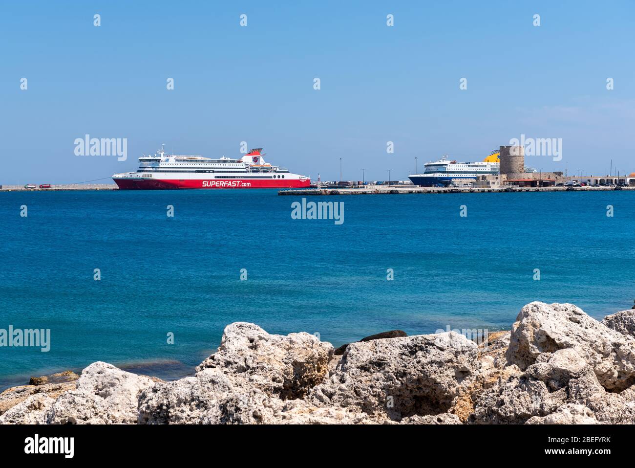 Rhodes, Greece - May 13, 2018: Ferry of Super Fast and Blue Star ...