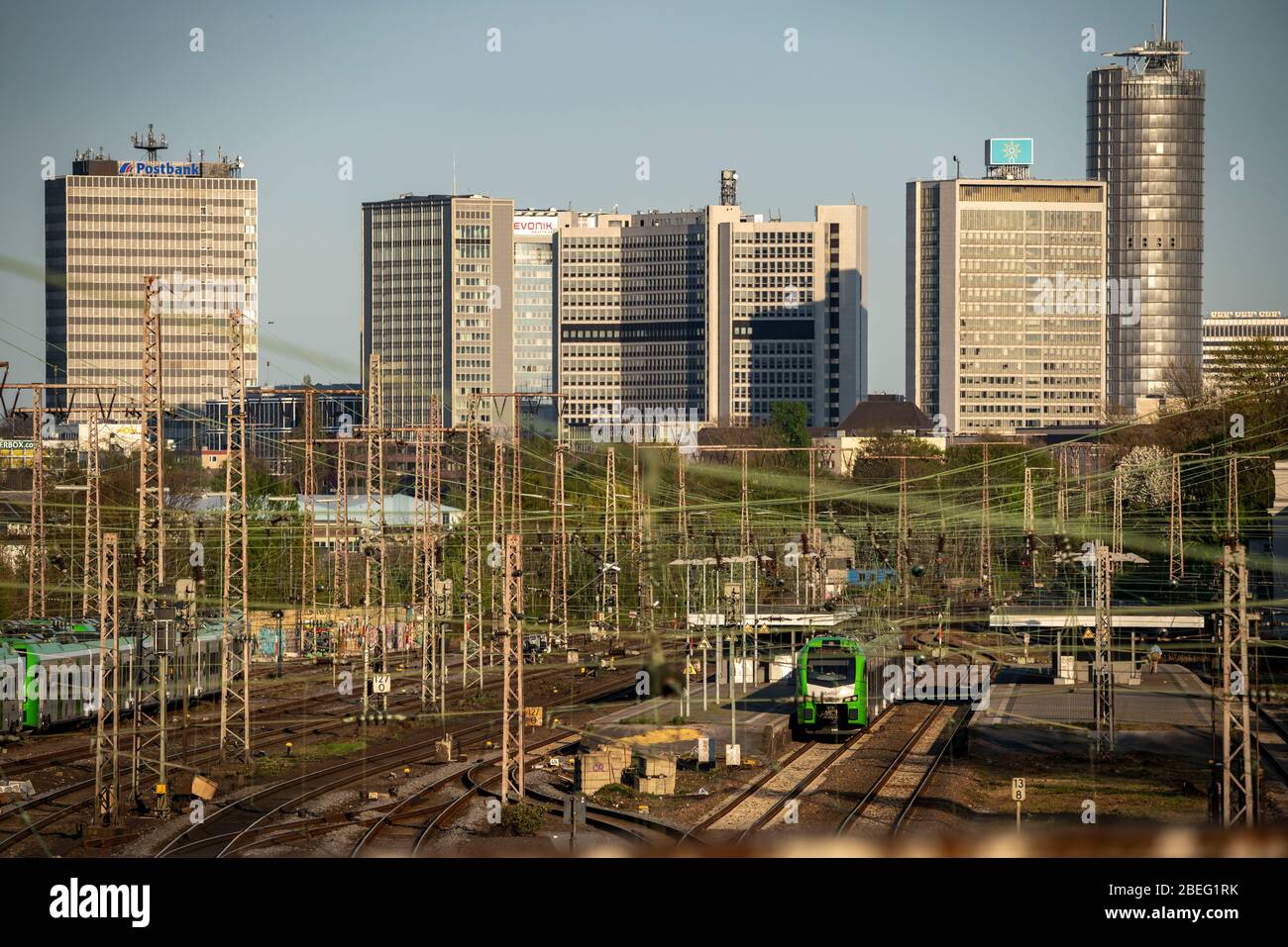 Skyline of the city centre of Essen, railway system from and to Essen ...