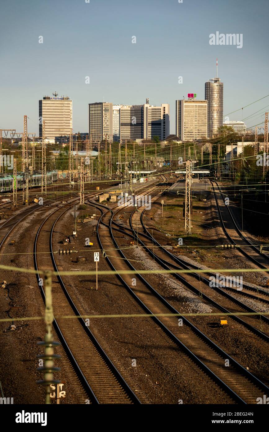 Skyline of the city centre of Essen, railway system from and to Essen ...