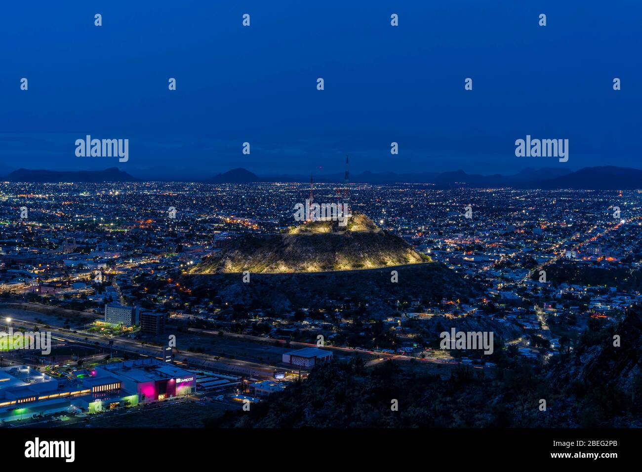 panoramic view of the city lights, Hermosillo, Sonora Mexico. Bell hill ...