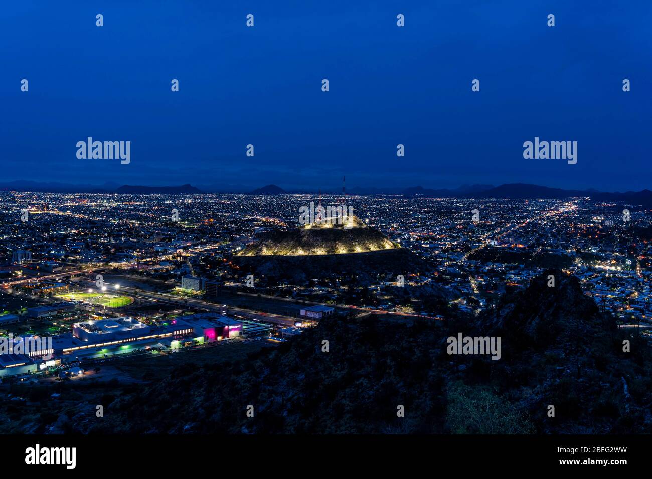 panoramic view of the city lights, Hermosillo, Sonora Mexico. Bell hill ...