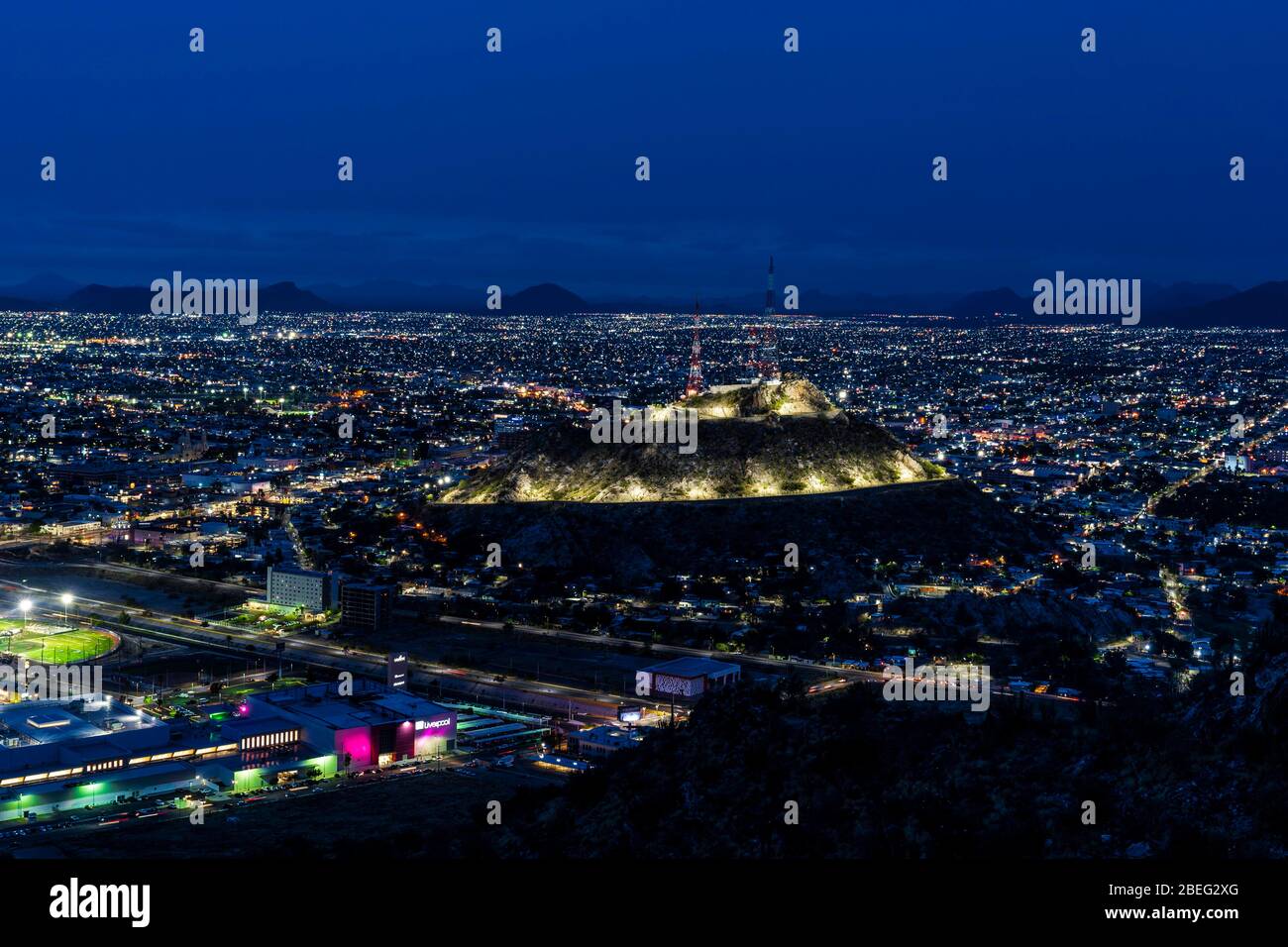 panoramic view of the city lights, Hermosillo, Sonora Mexico. Bell hill ...