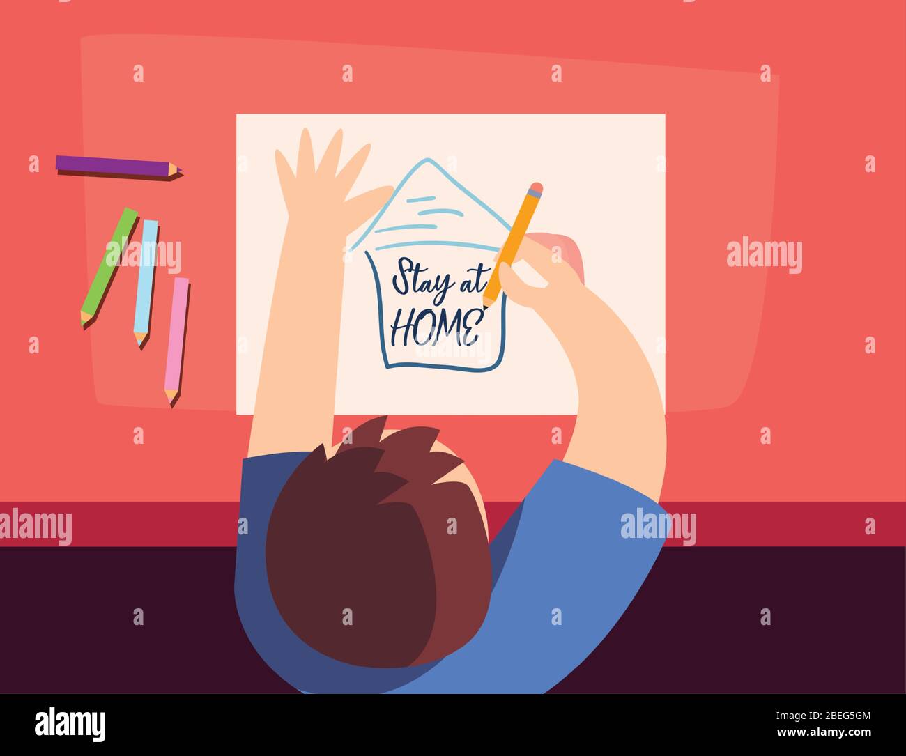 stay home design, Top view of kid drawing a house, colorful design ...