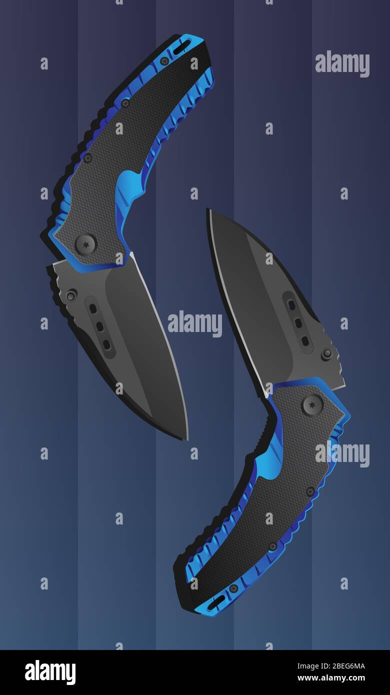 Illustration of two realistic blue folding knives on gradient ...