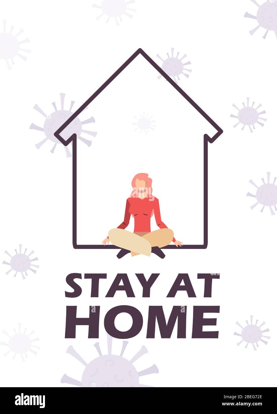stay home design, woman sitting cross legged inside the house icon over ...