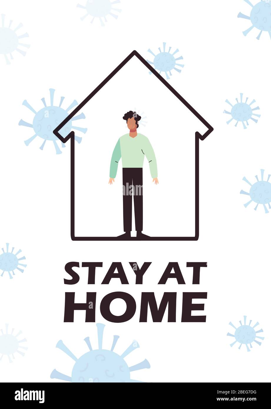 stay home design, man standing inside the house icon over white ...