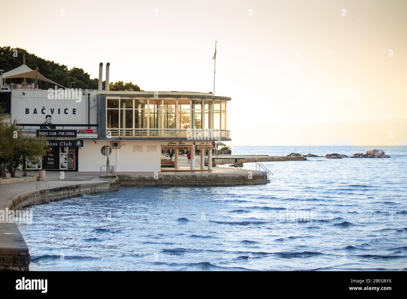 Beach "Bacvice" in Split, Croatia. Building of the local nightclub ...